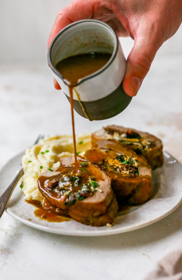 Stuffed Pork Tenderloin with Apple Cider Pan Sauce - Yes to Yolks